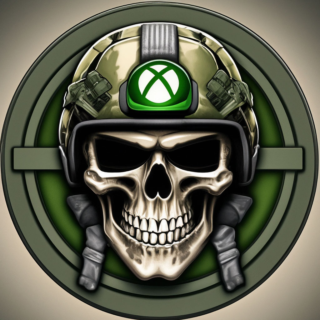 "The Xbox logo in a circle is a chevron with a skull and a tactical ...