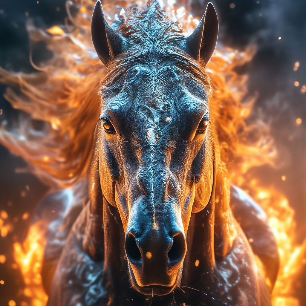 "Hyperrealism, beautiful smoky, consisting of fire spectacular horse ...