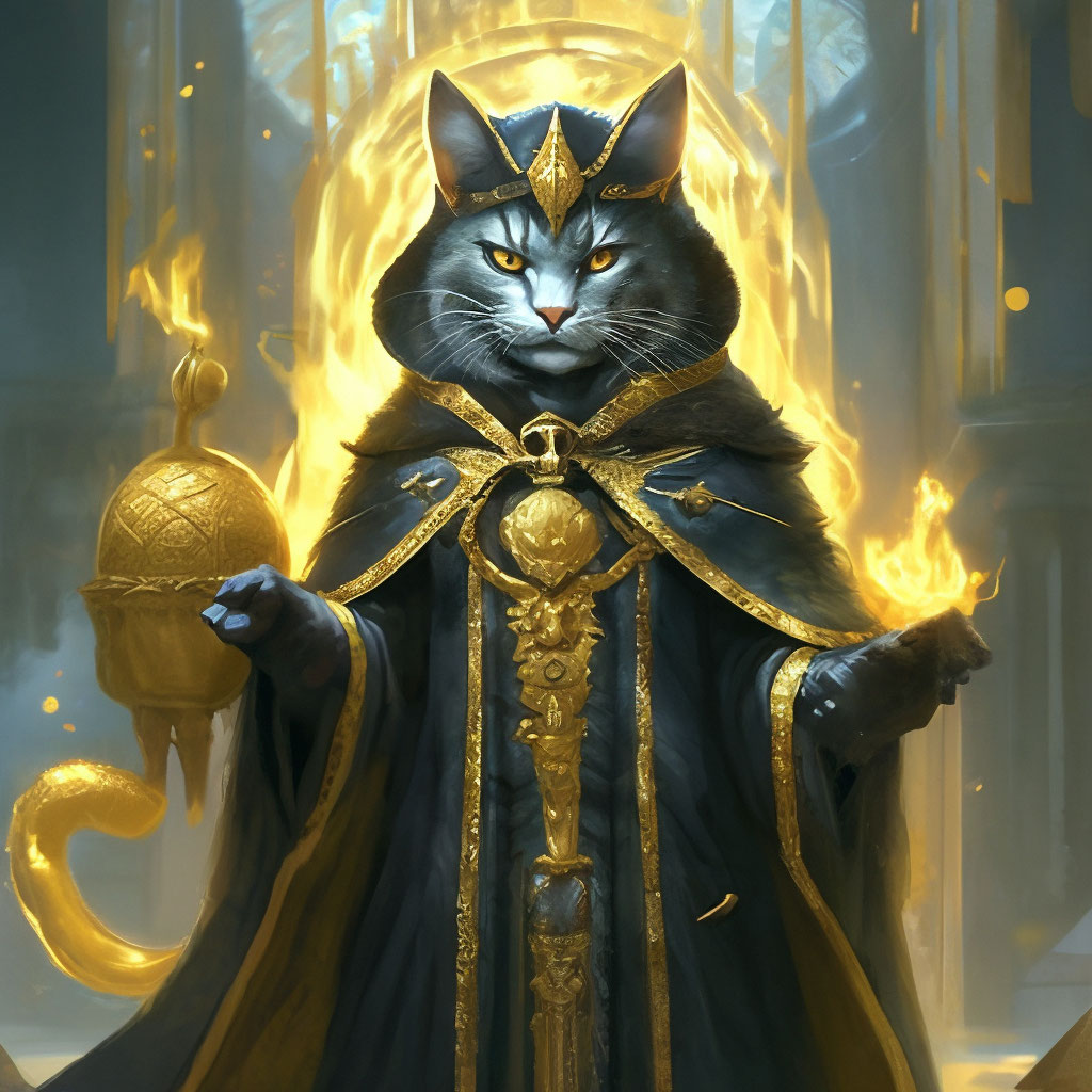 "Fantasy, anthropomorphic cat wizard necromancer in a long black robe ...