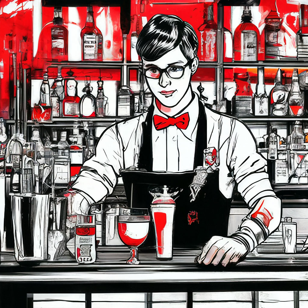 "Illustration, pop art comic, black+white+red, young man, bartender, standing at the bar mixing ...