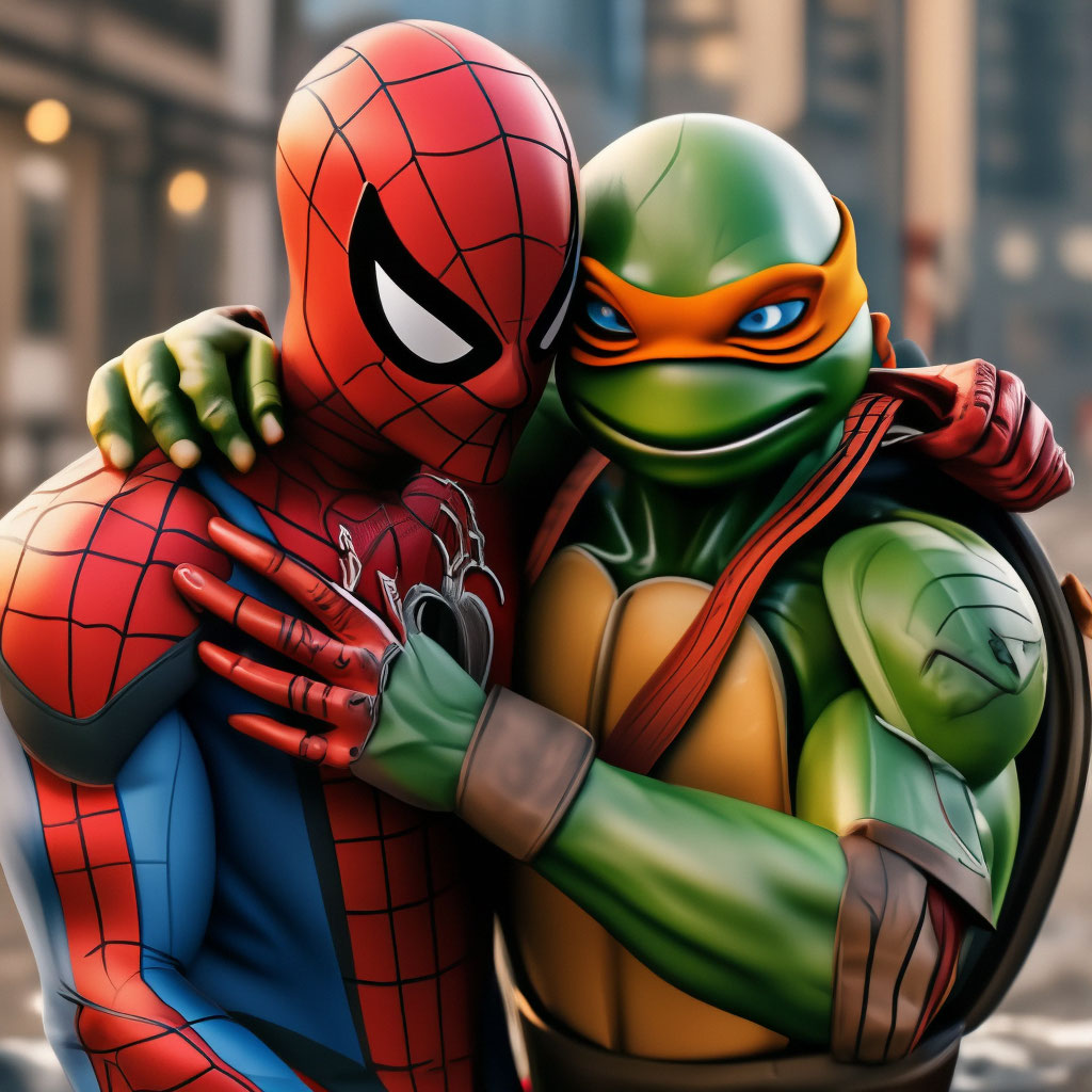 "Spider-man and ninja turtles are friends, hugging, laughing, having ...
