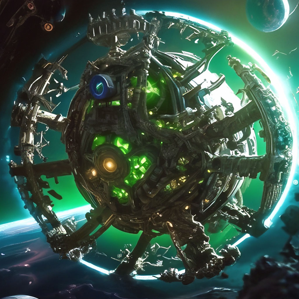 "Necromorphic planet solimas flies into space void, dyson sphere, green ...