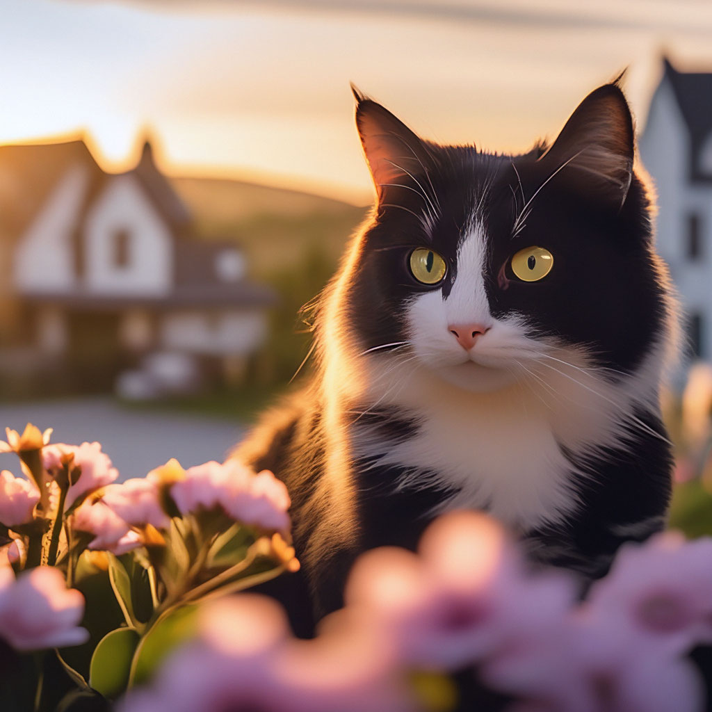 "Cat in the foreground,biocolor black and milky ,FFFFF0 symmetrical ...