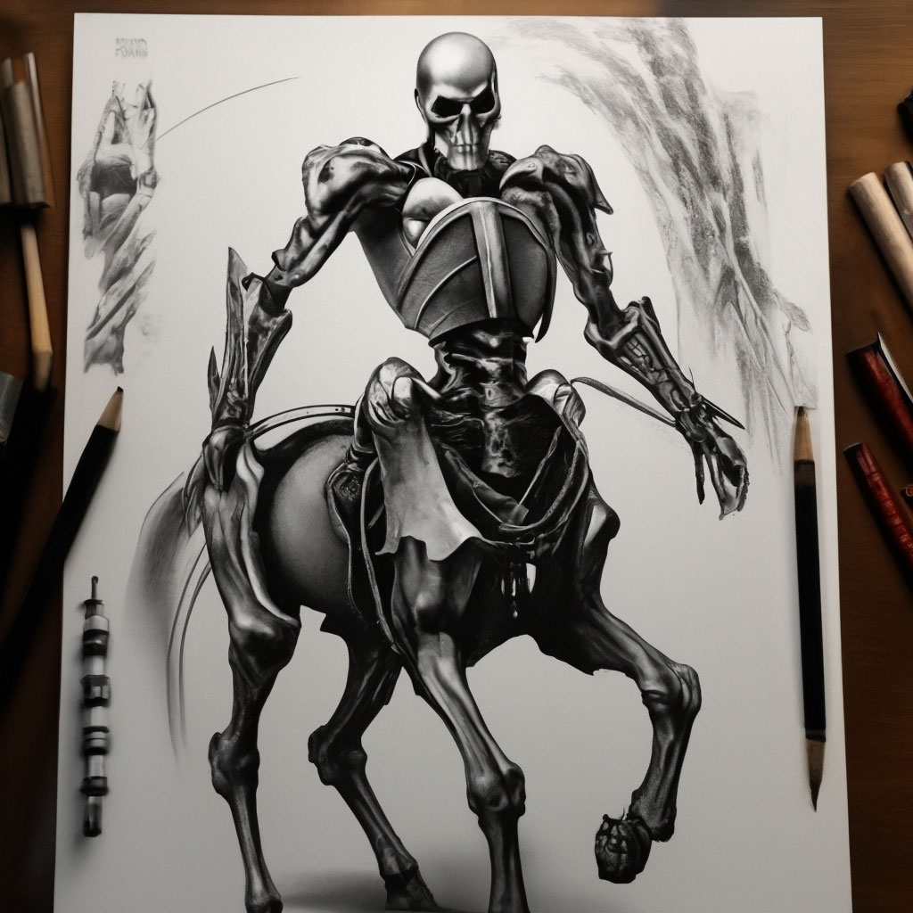 "Unfinished sketch of the centaur skeleton, graphics, rough hatching of ...