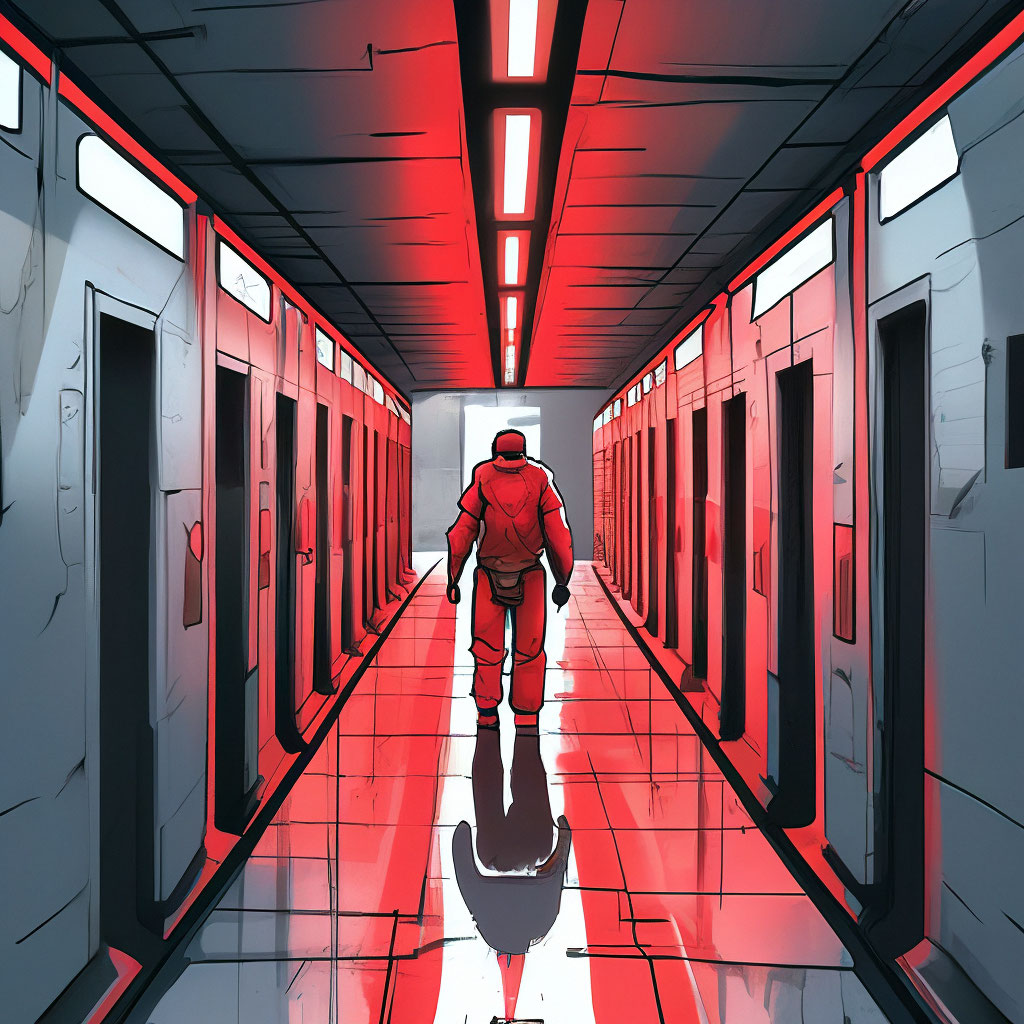 "A dark corridor with dim red lighting on the sides, concrete walls, a ...