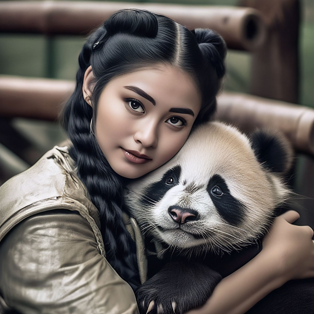 "Girl, in savannah, small wrinkles on her face, hugging a panda with ...
