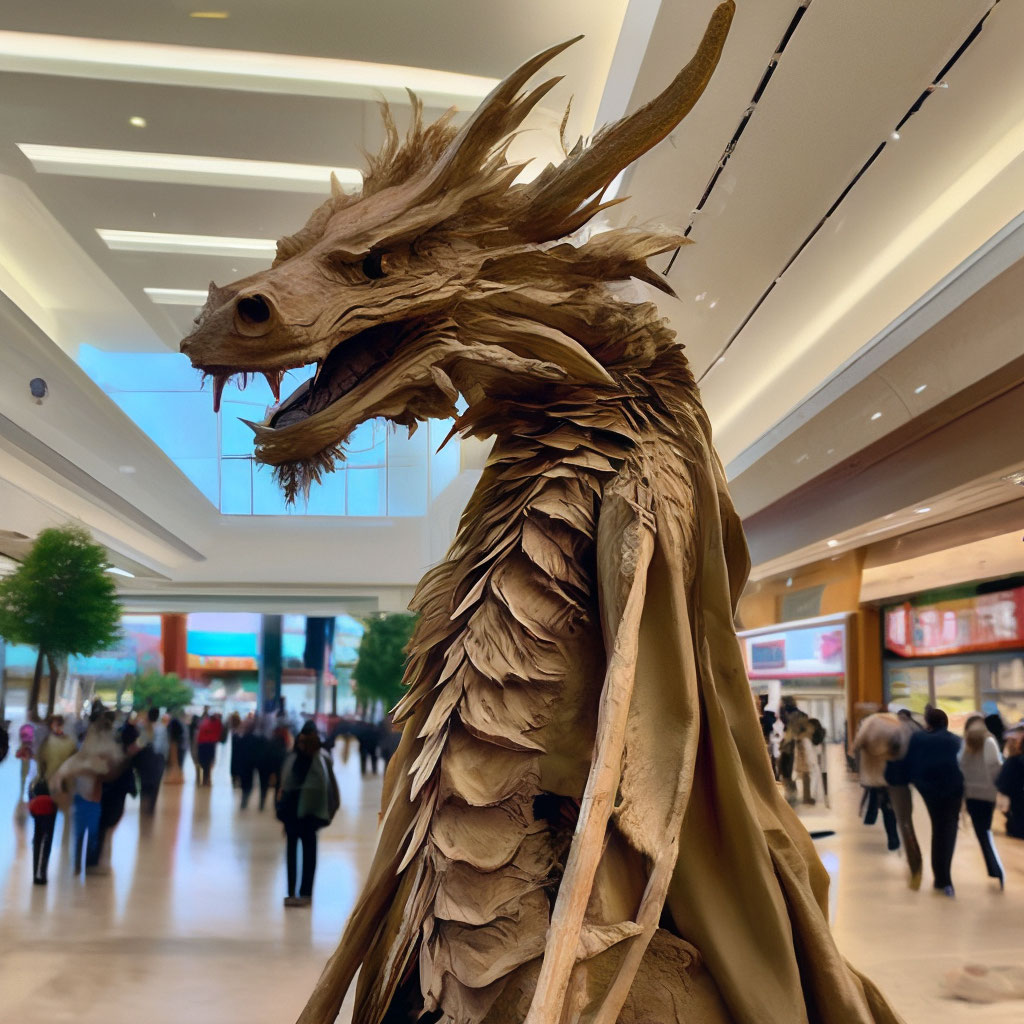 "A dried dragon scarecrow adorns the mall" — image created in Shedevrum