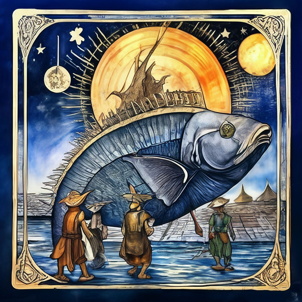 "Tarot Card Egypt dwarves caught a huge fish and carry it to the ...
