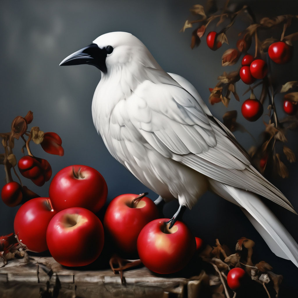 "A white crow with red apples." — image created in Shedevrum