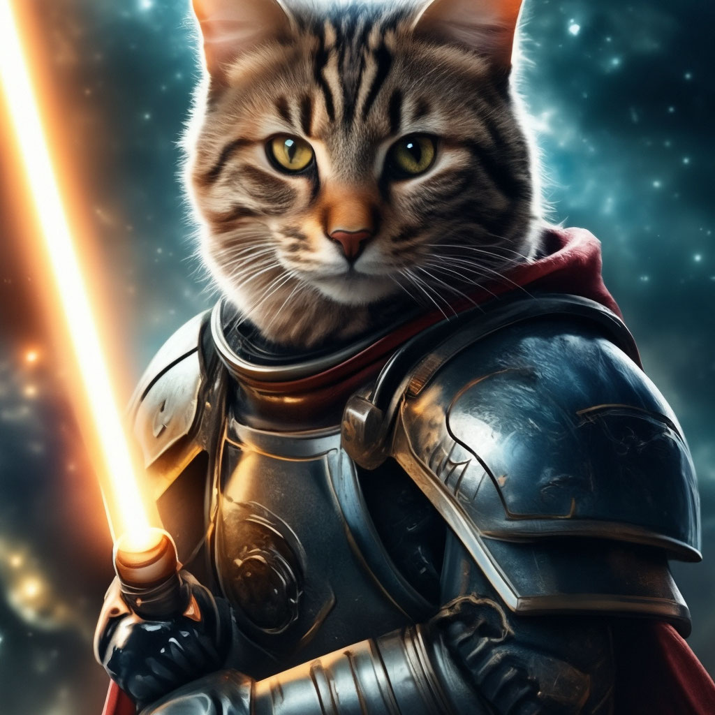 "A cat in space, a cat with a lightsaber, a cat wearing knight's armor, on the background of a ...