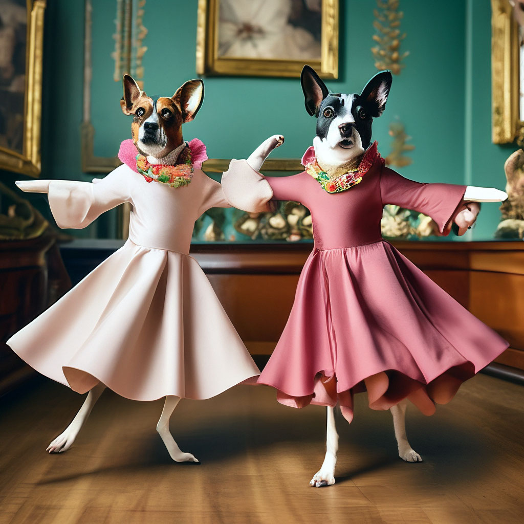 "Two dancing dogs in women's dresses" — image created in Shedevrum