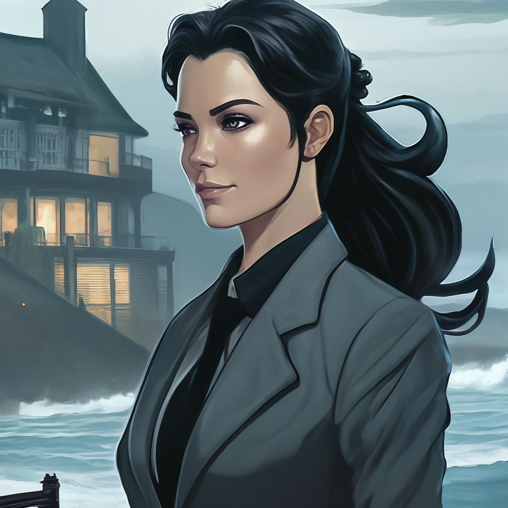 "A very beautiful woman detective with long black hair tied in a ...