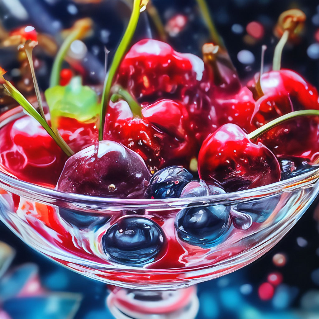 "Surreal food sketch+ hyperrealism, 3D, micro, top view,cherry dessert ...