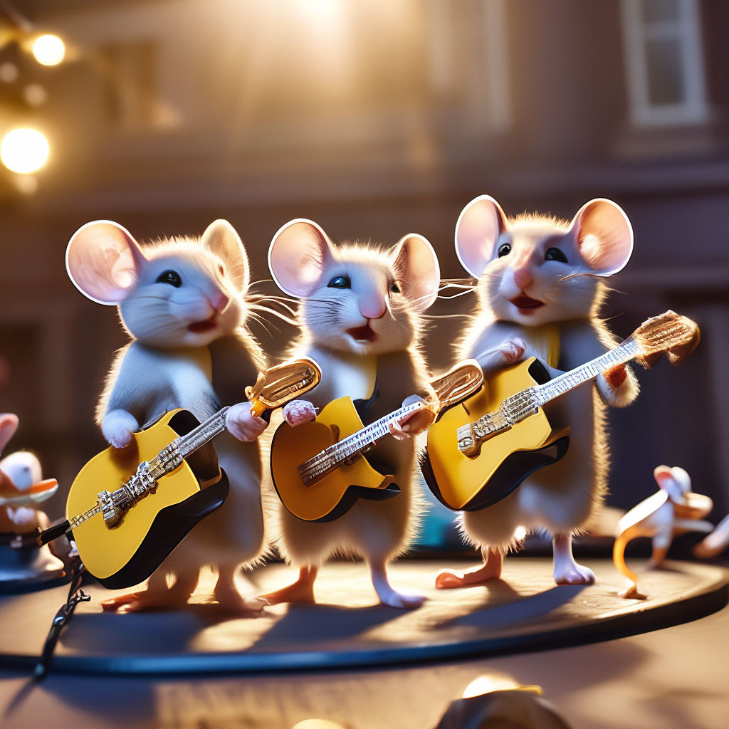 "The mice play instruments and sing on stage" — image created in Shedevrum