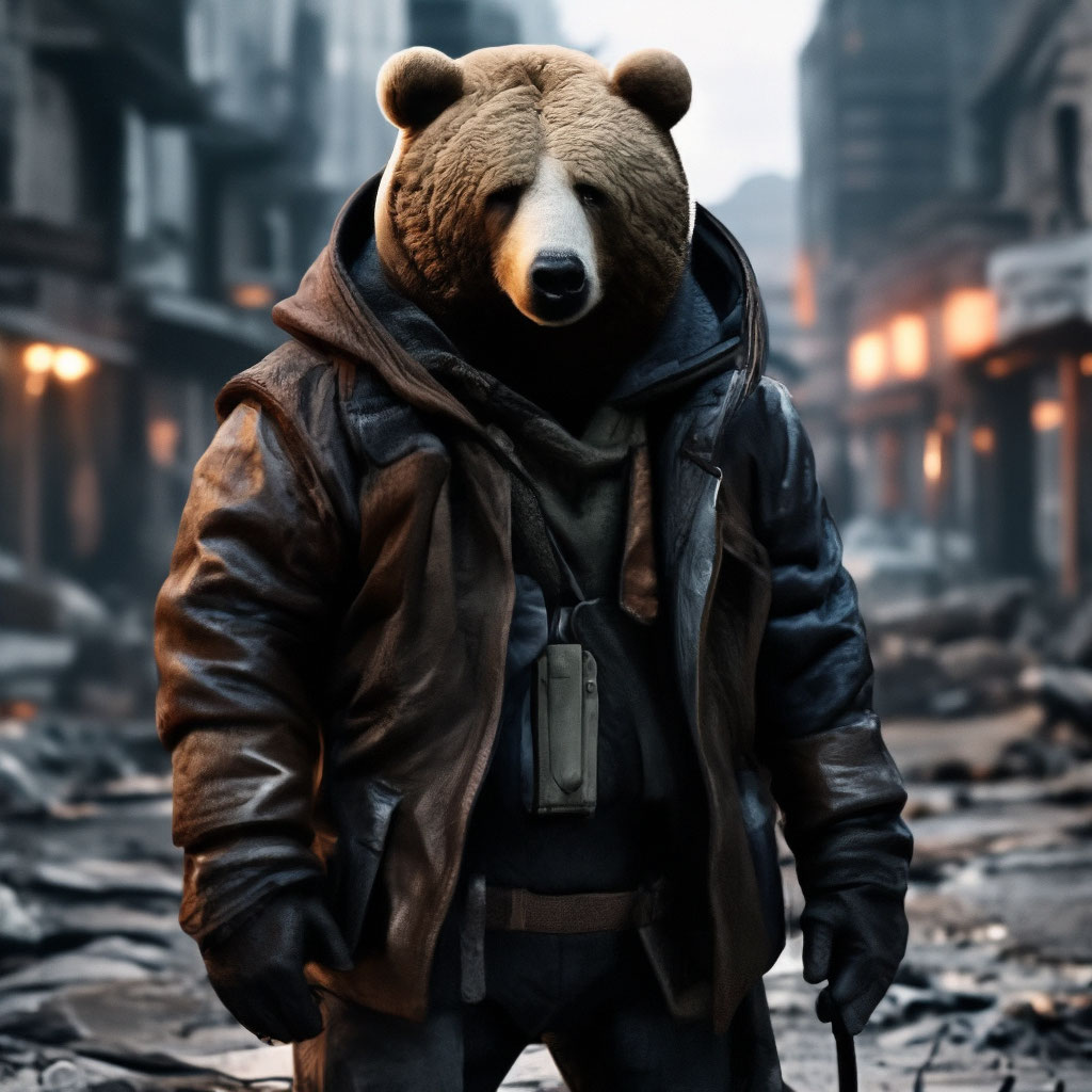 "Bear in a jacket during the post-apocalypse" — image created in Shedevrum