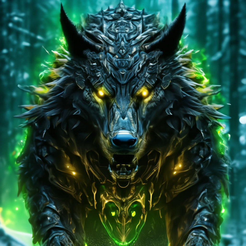 "Fenrir, guards Valhalla, high detail, green neon background." — image ...
