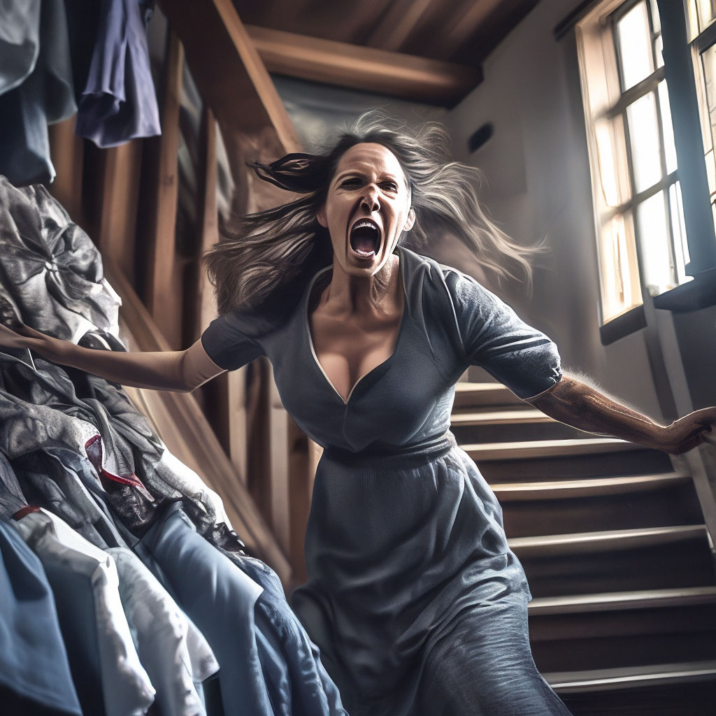 "3.Angry screaming woman on the stairs in the house throws a lot of ...