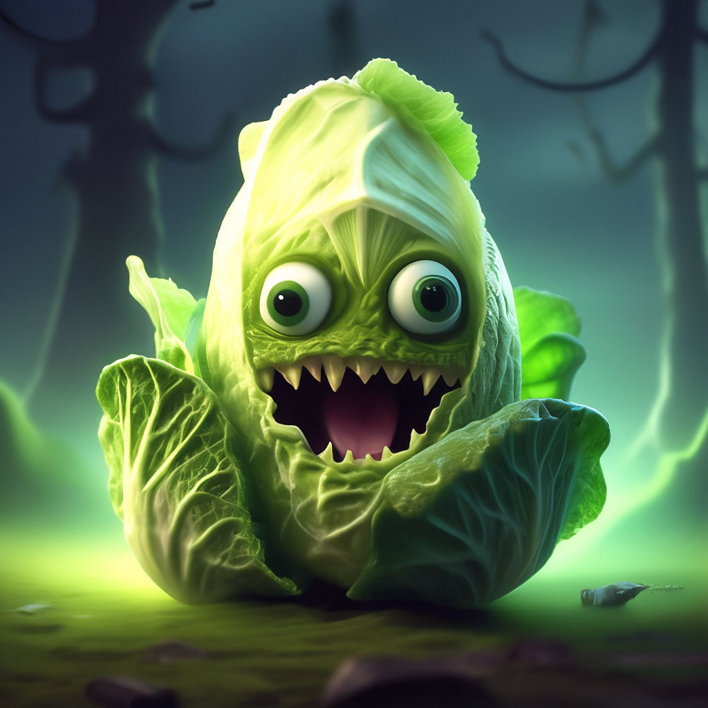"Cabbage is a monster scary but cute" — image created in Shedevrum
