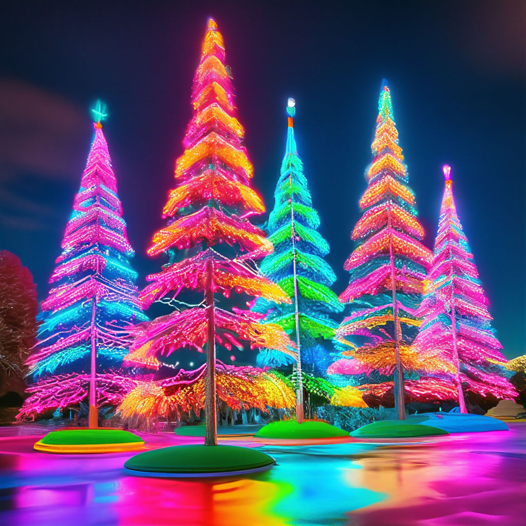 "Colorful neon Christmas trees and pine trees" — image created in Shedevrum