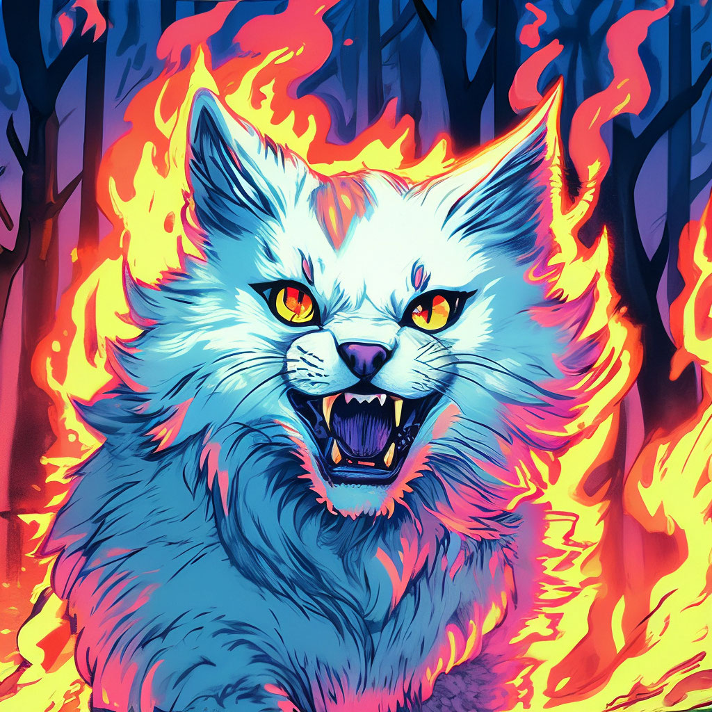 "Fluffy white werewolf cat with multicolored, in a burning forest ...