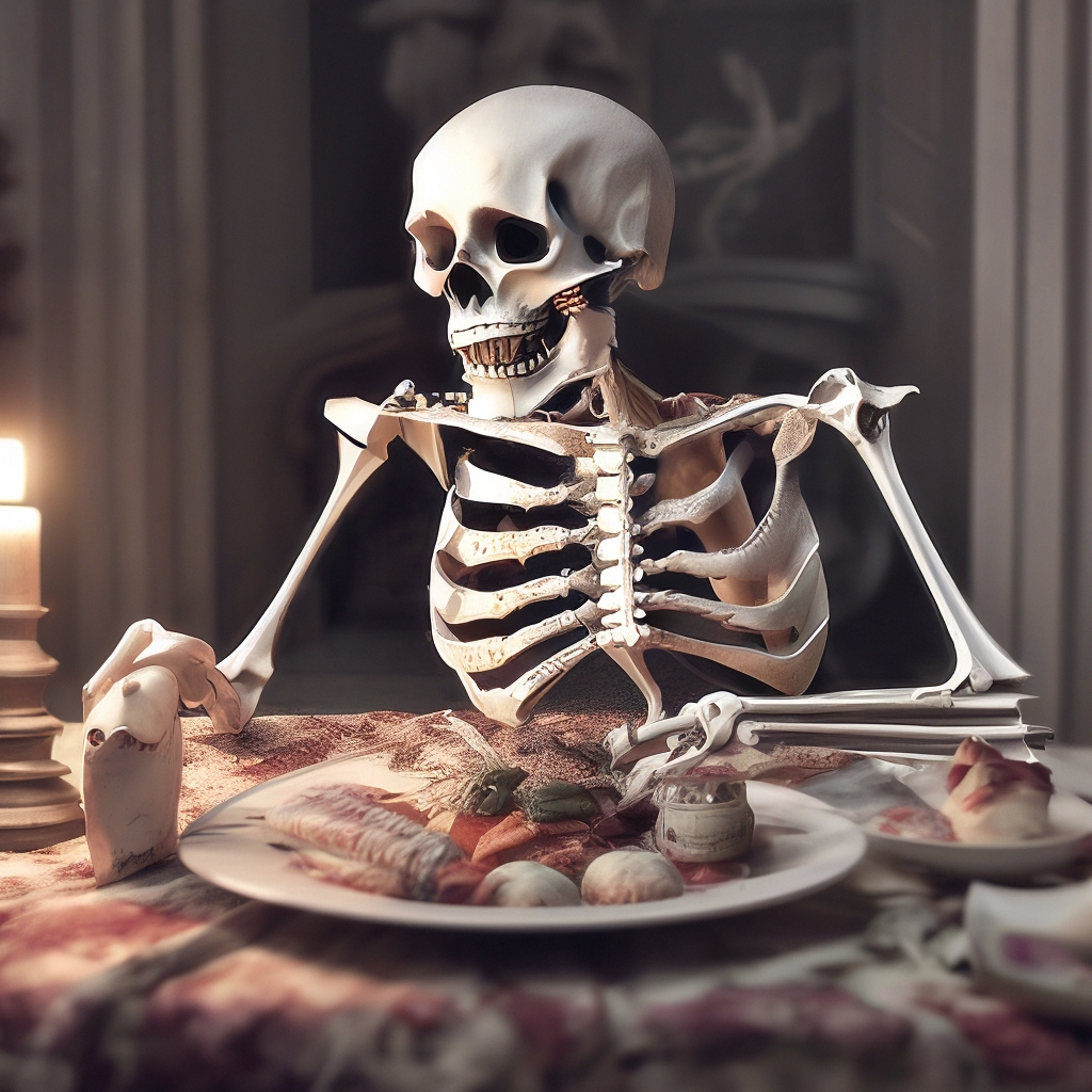 "A skeleton that wants to eat" — image created in Shedevrum
