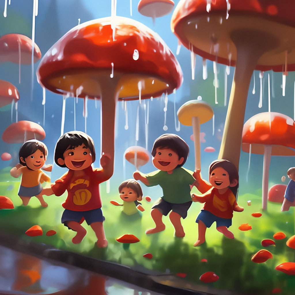 "The kids are having fun under the mushroom rain" — image created in ...