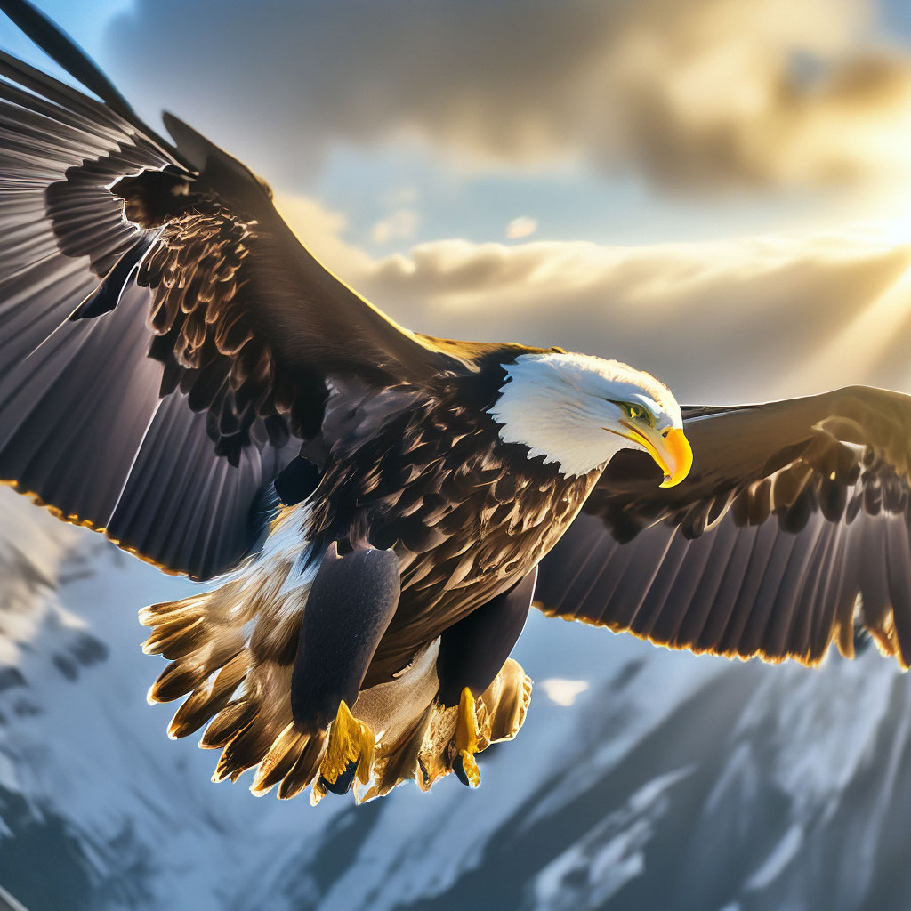 "Bald eagle, hovering down over a mountain range, with outstretched ...