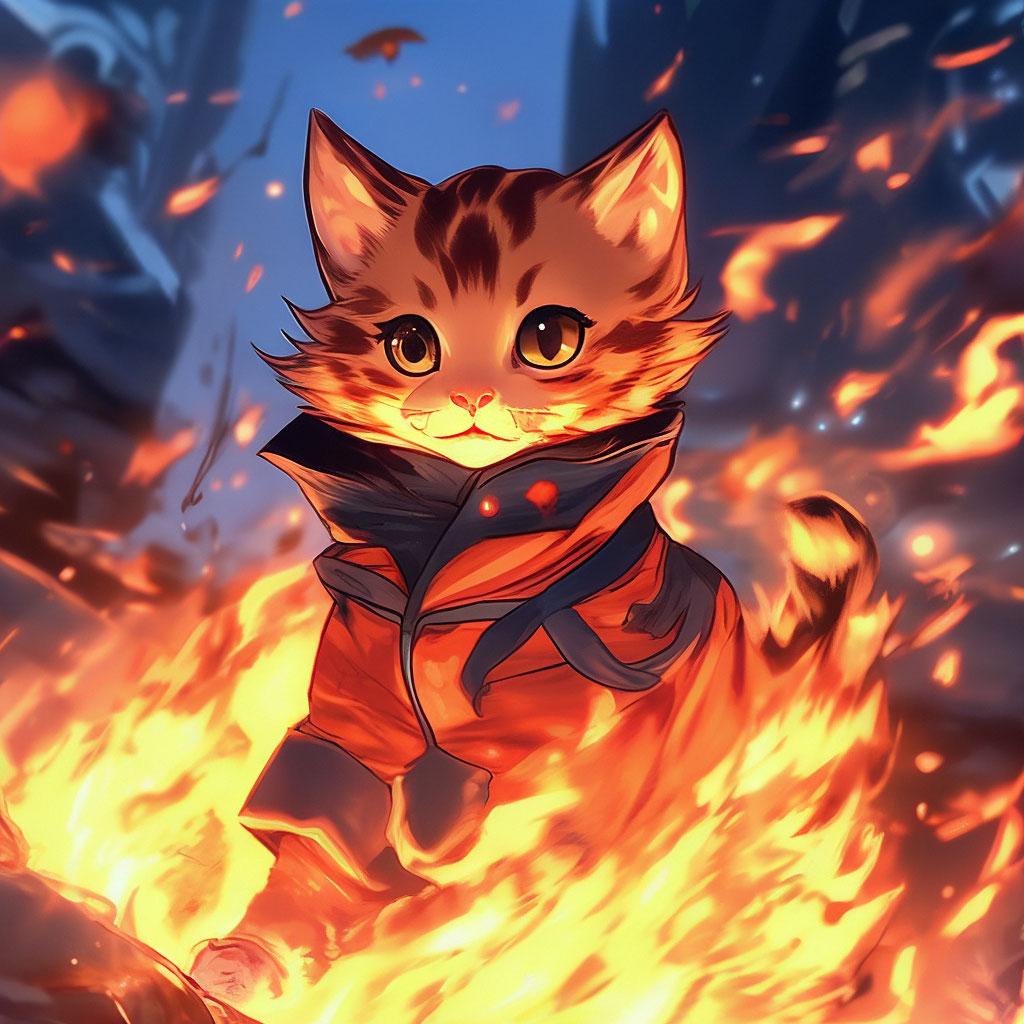 "Anime cat out of fire, around the cat fire" — image created in Shedevrum
