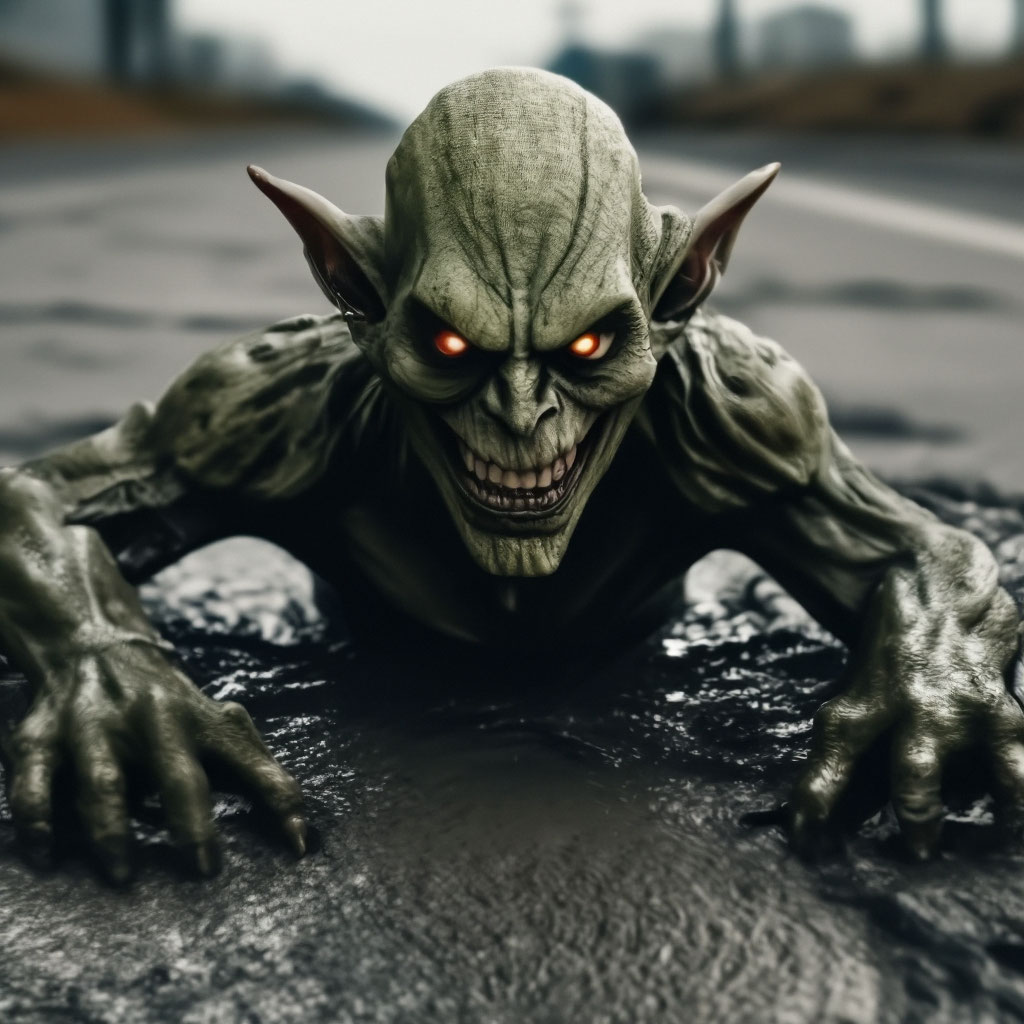 "A scary creepy terrible Goblin climbs out of a crack in the asphalt ...