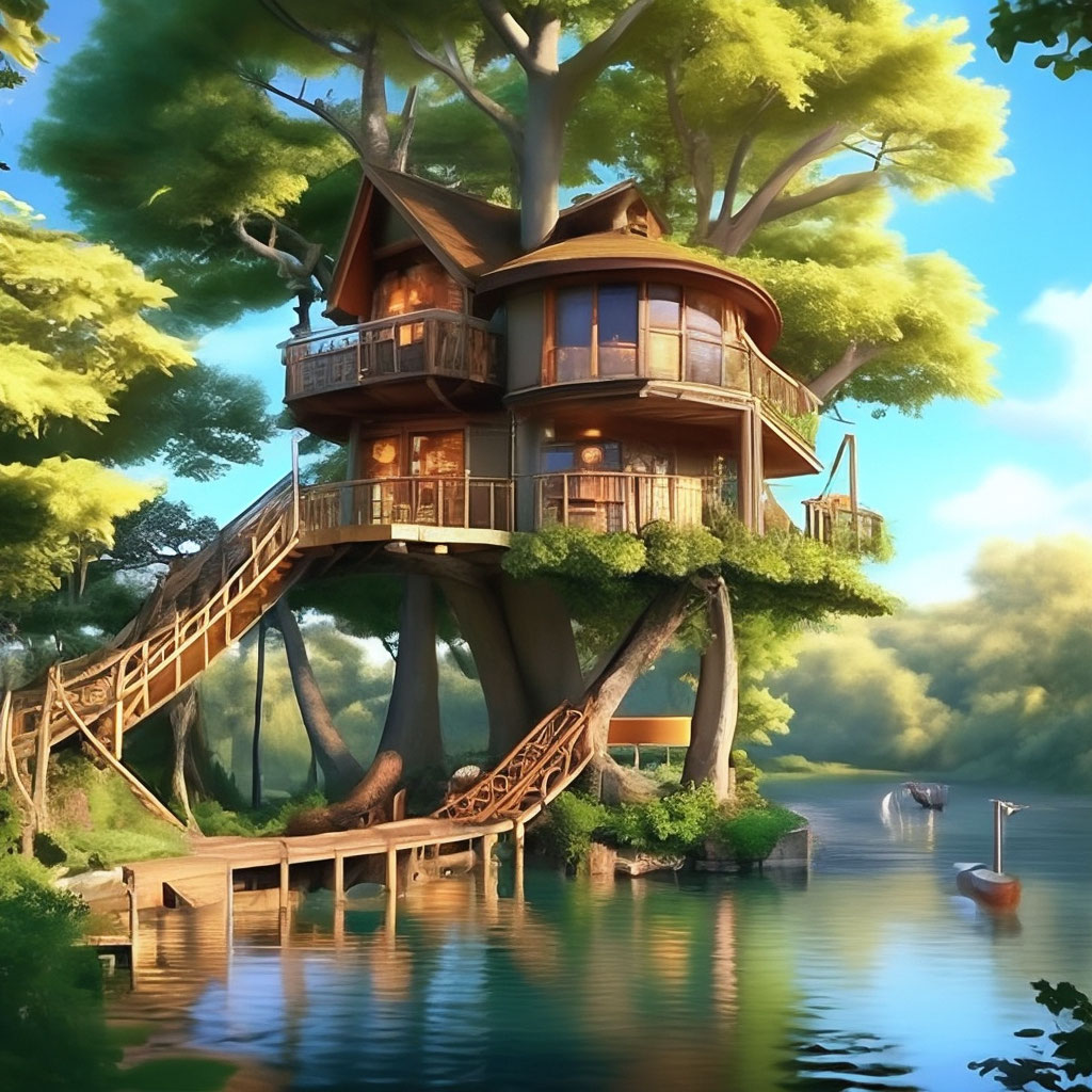 "A fabulous tree house by the river" — image created in Shedevrum