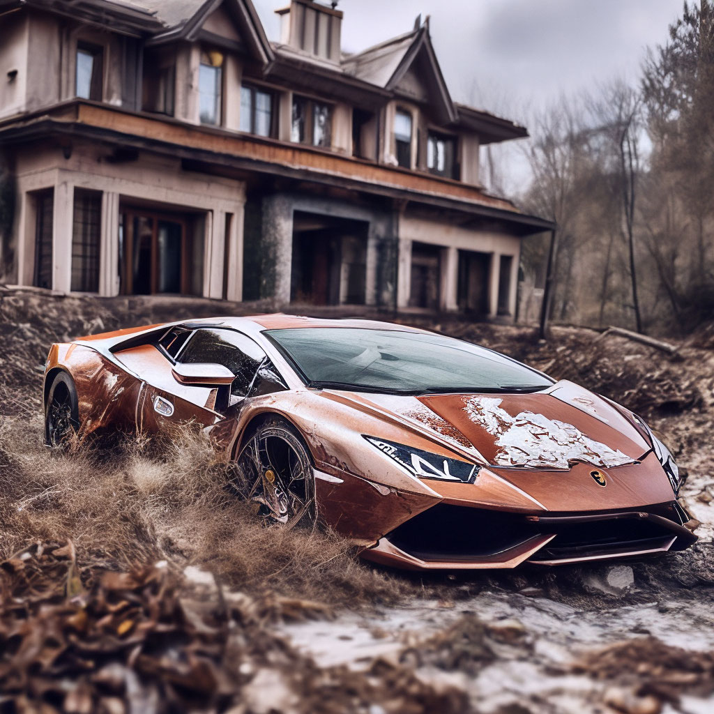 "Rusty abandoned lamborghini next to an expensive house hyperrealism ...