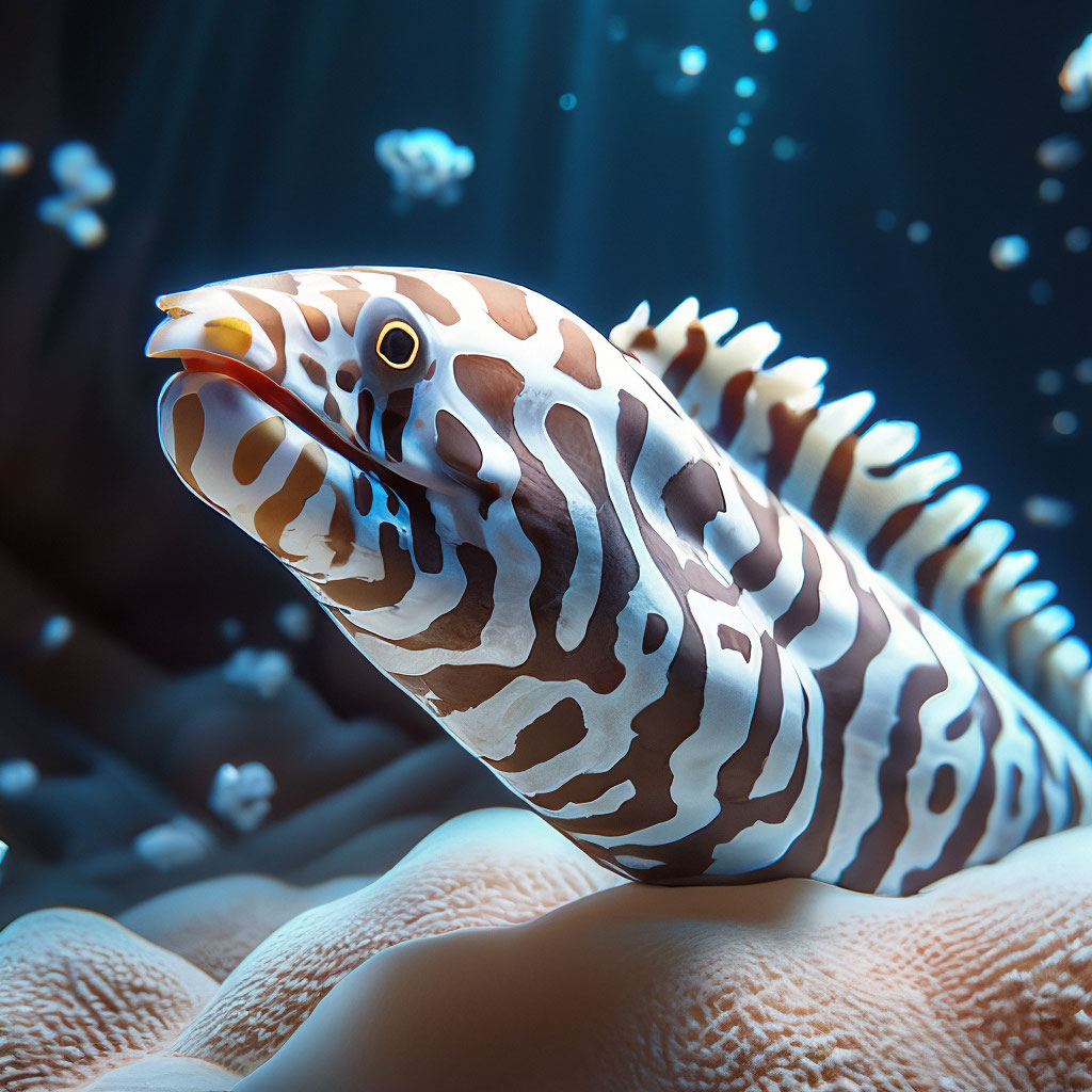 "A beautiful moray eel swims past an open snow-white shell with a gray ...