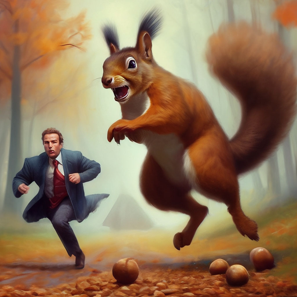 "The man with the nut is running from a huge squirrel" — image created ...