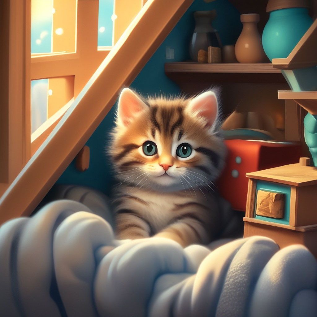 "A sweet little kitty in a cozy house" — image created in Shedevrum