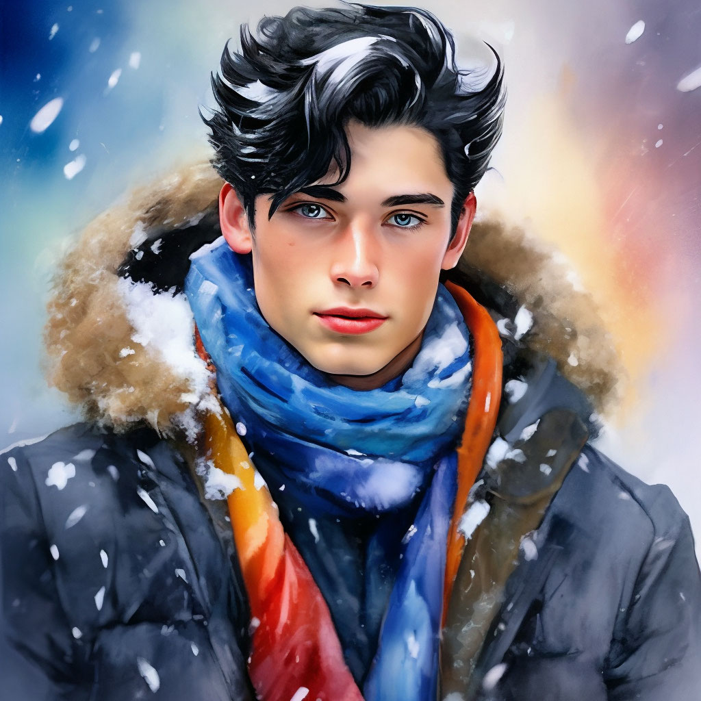 "Young man, black hair, blue eyes, strong-willed chin, athletic build ...