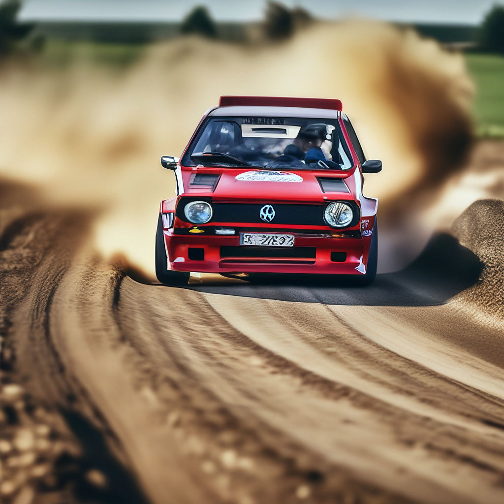 "Real photo of Volkswagen Golf 2, red, skids on the turn, rally, dust ...