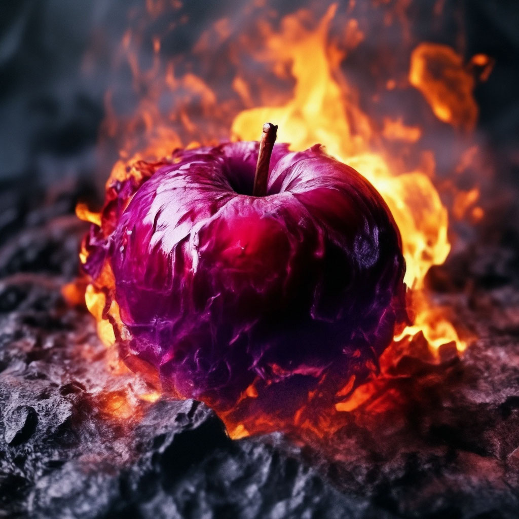 "Apple smoldering in purple fire, gothic" — image created in Shedevrum