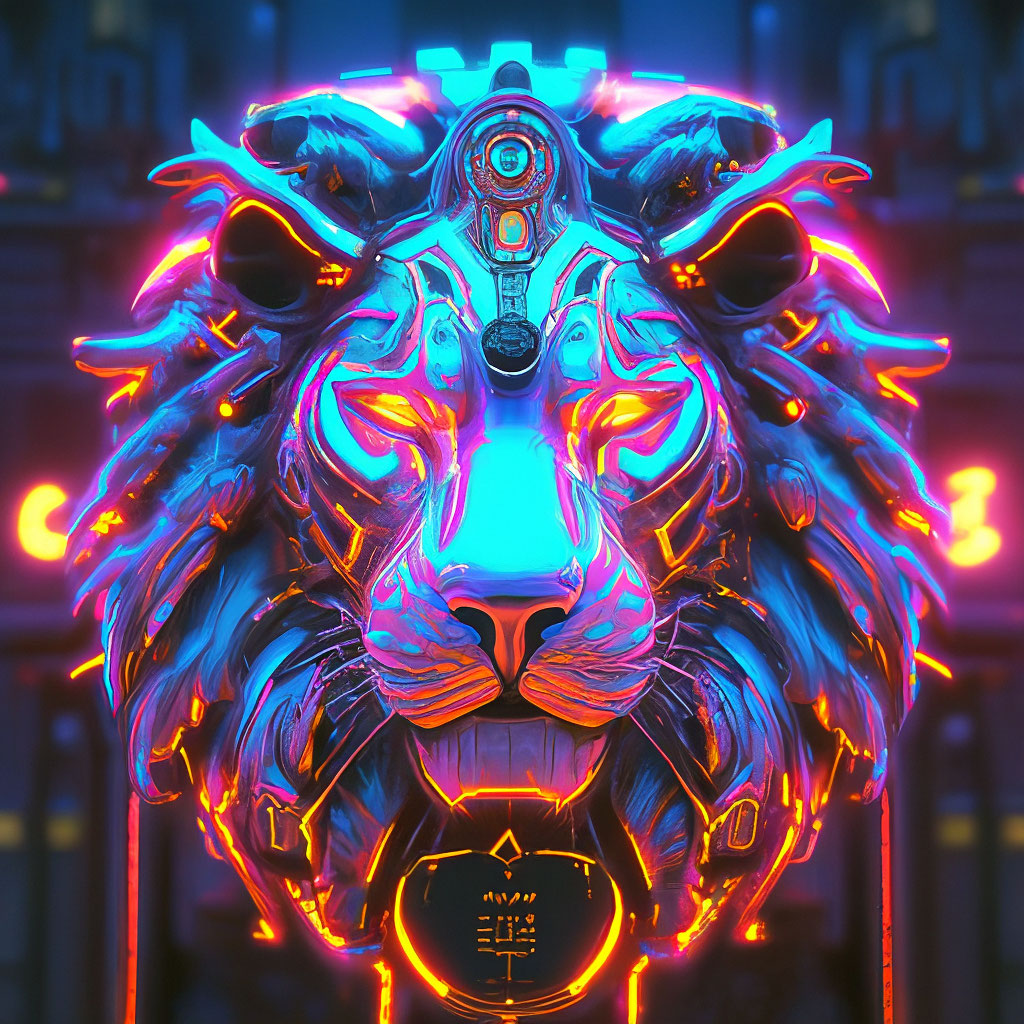 "Neon glare made of realistic cyber lion" — image created in Shedevrum