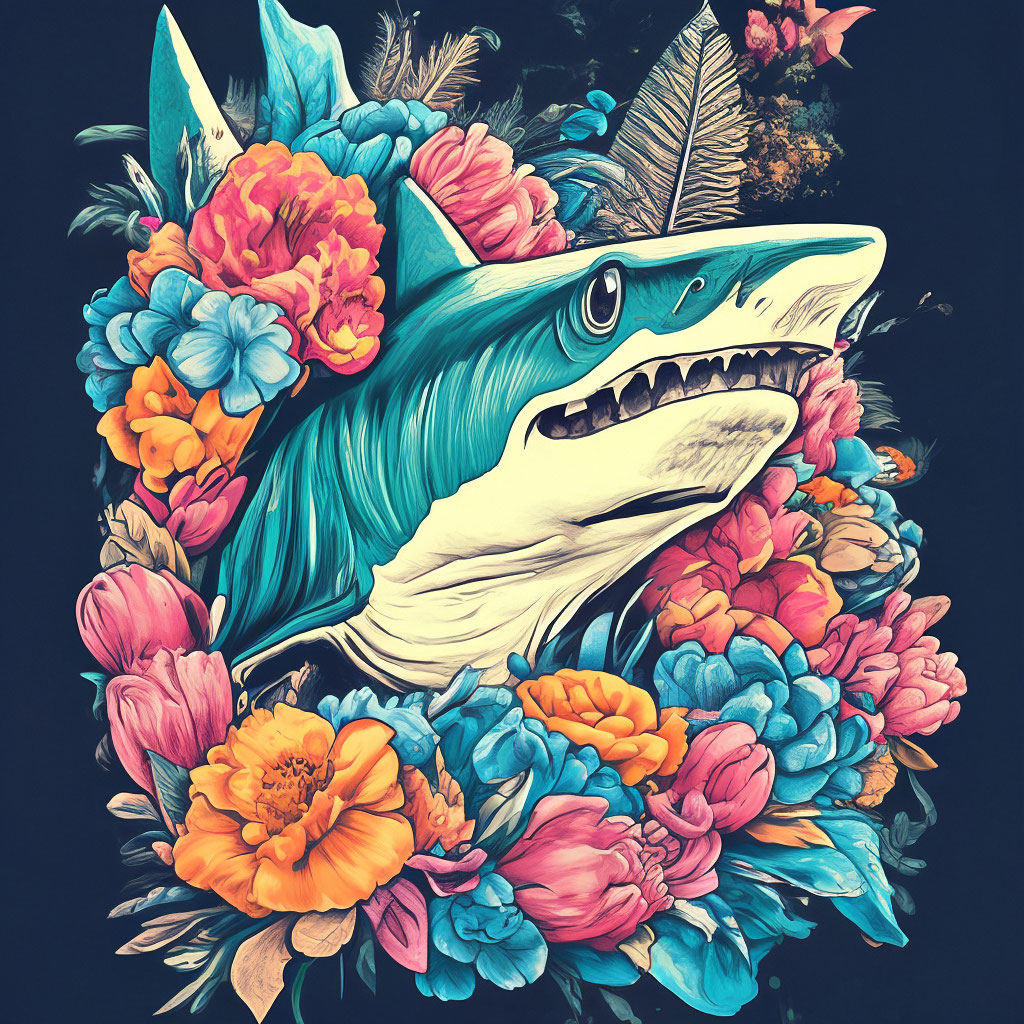"T-shirt design of a dapper shark and flowers, detailed, vintage ...
