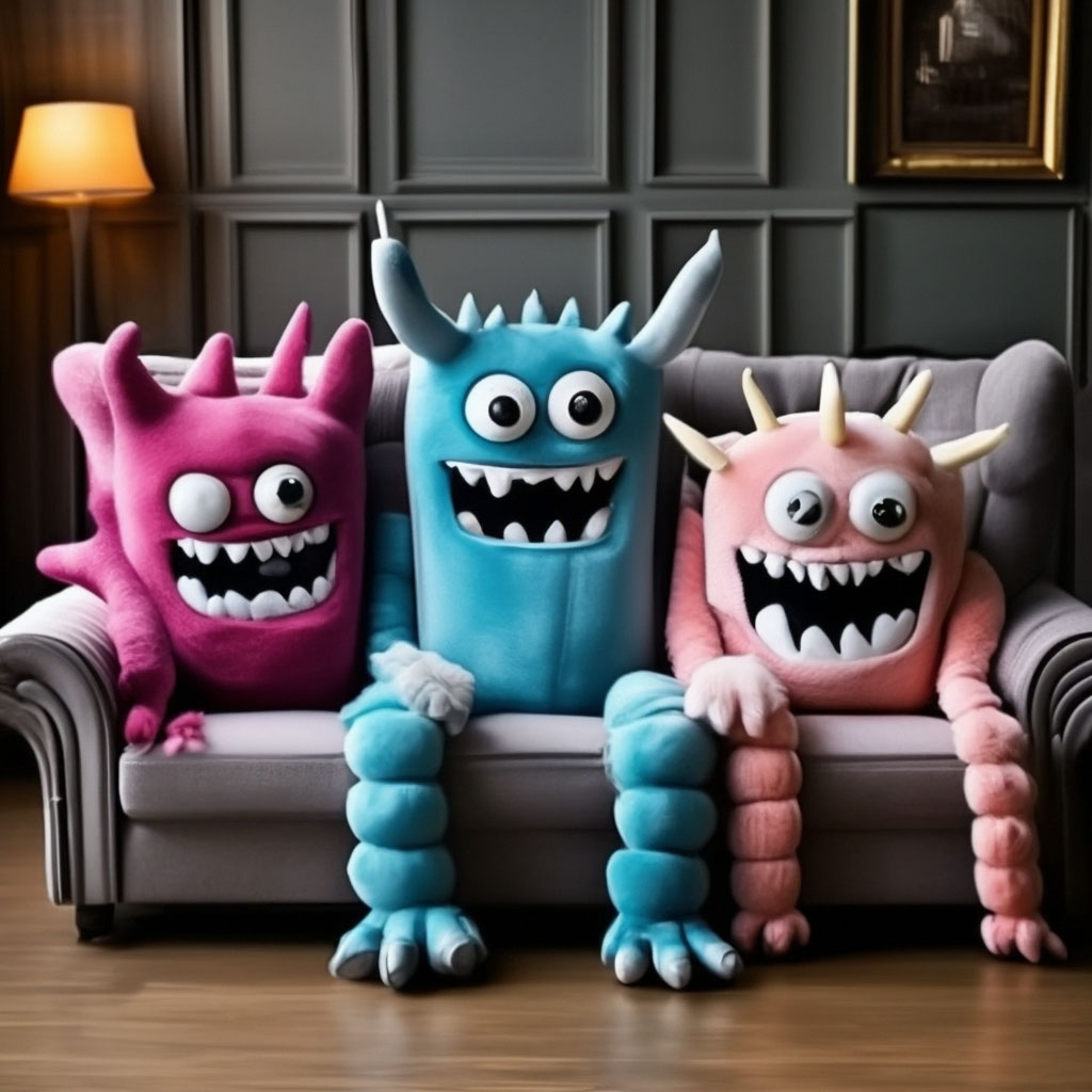 "Plush sofa monsters" — image created in Shedevrum