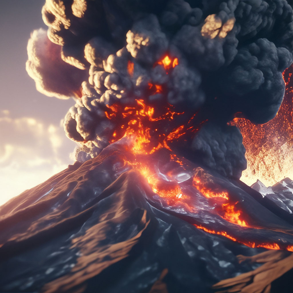 "Volcano erupts, lava, smoke, ash, fire, glitter, professional photo ...