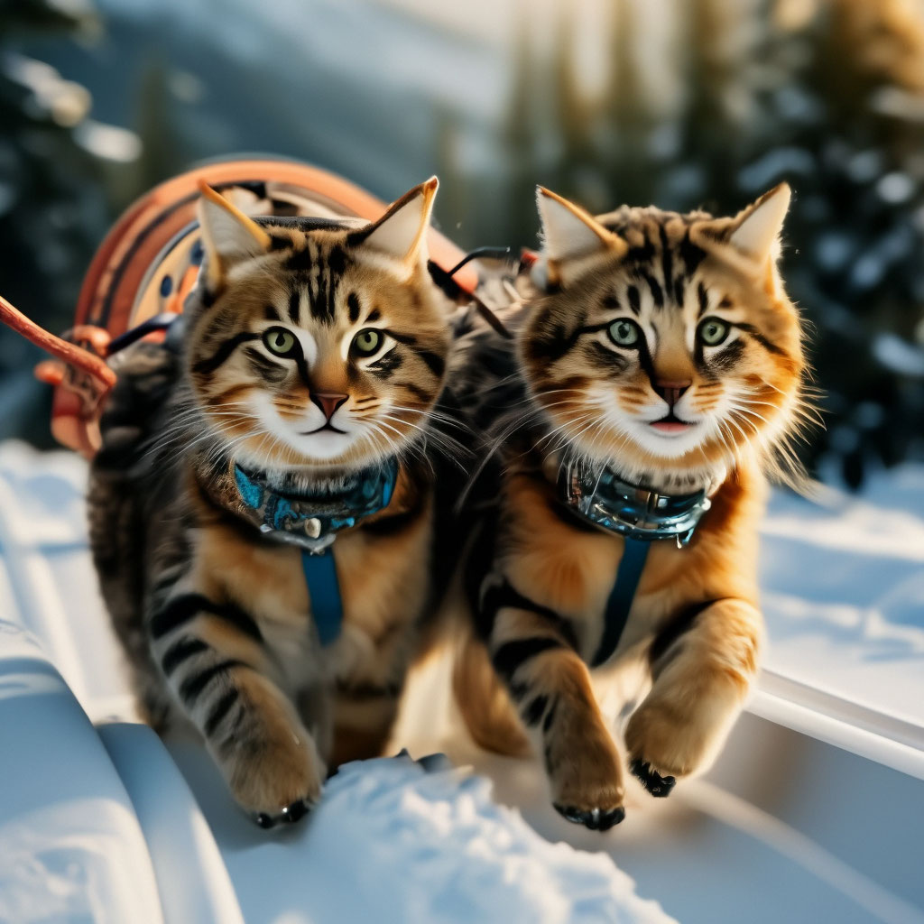 "Sled cats harnessed to a sleigh are rushing through the snow" — image ...