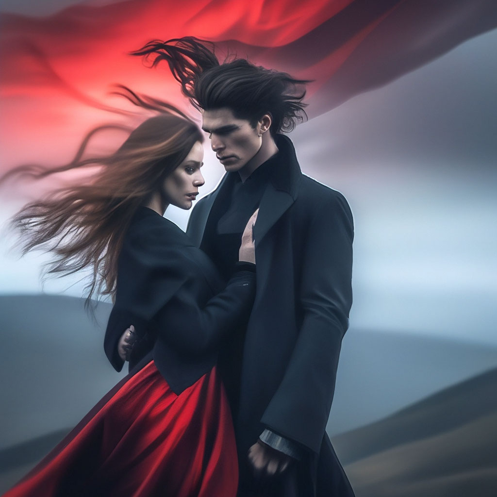 "Gothic art:a guy of model appearance, hair fluttering in the wind ...