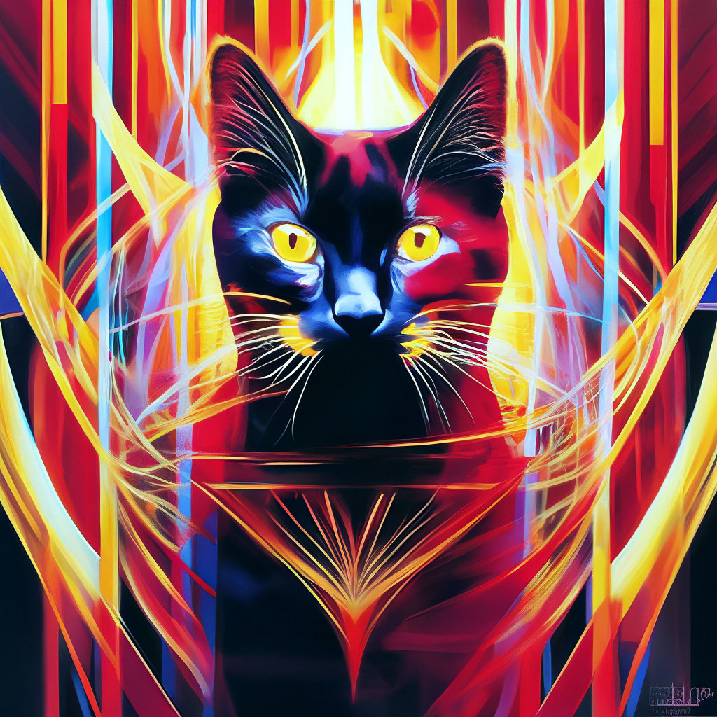 "Geometric cat in Kandinsky style, red-black-burgundy with thin wavy ...