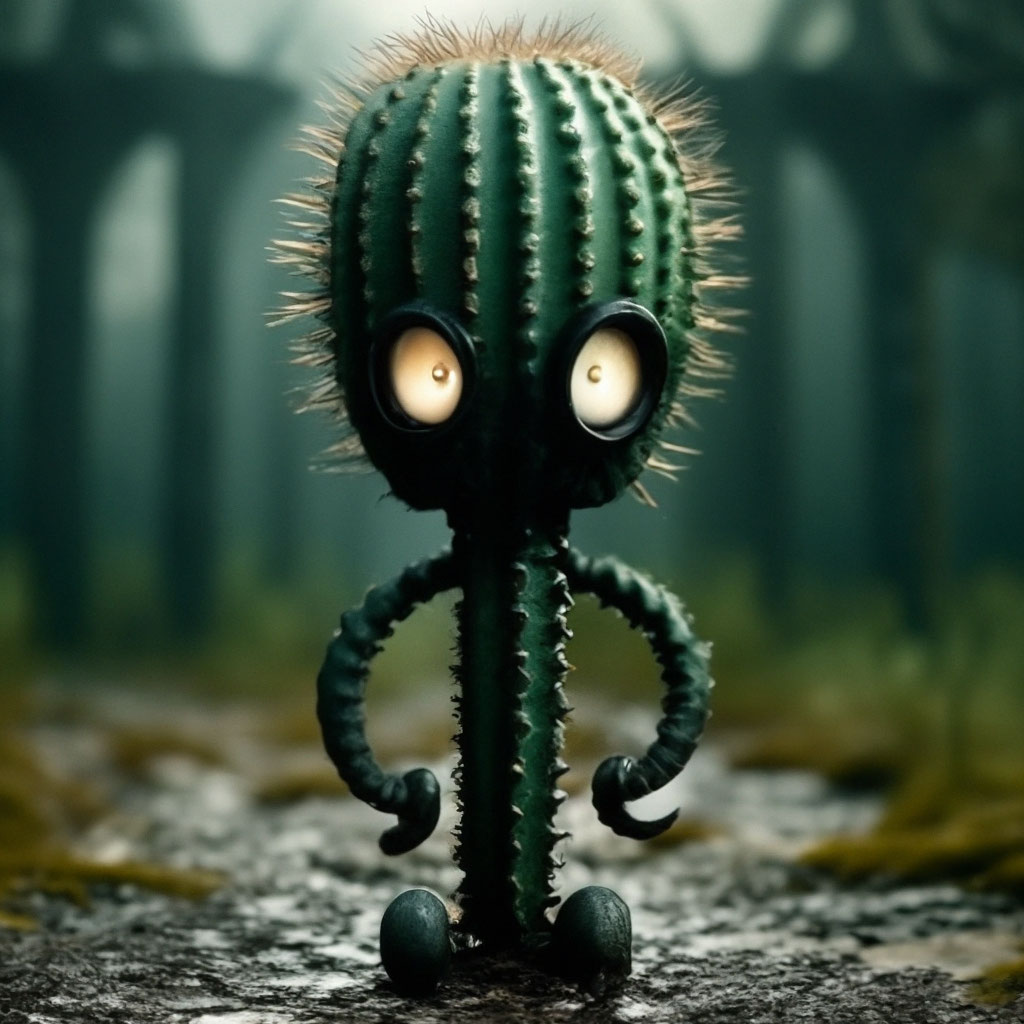 "Gothic anthropomorphic cactus with big eyes, cryptic, gloomy ...