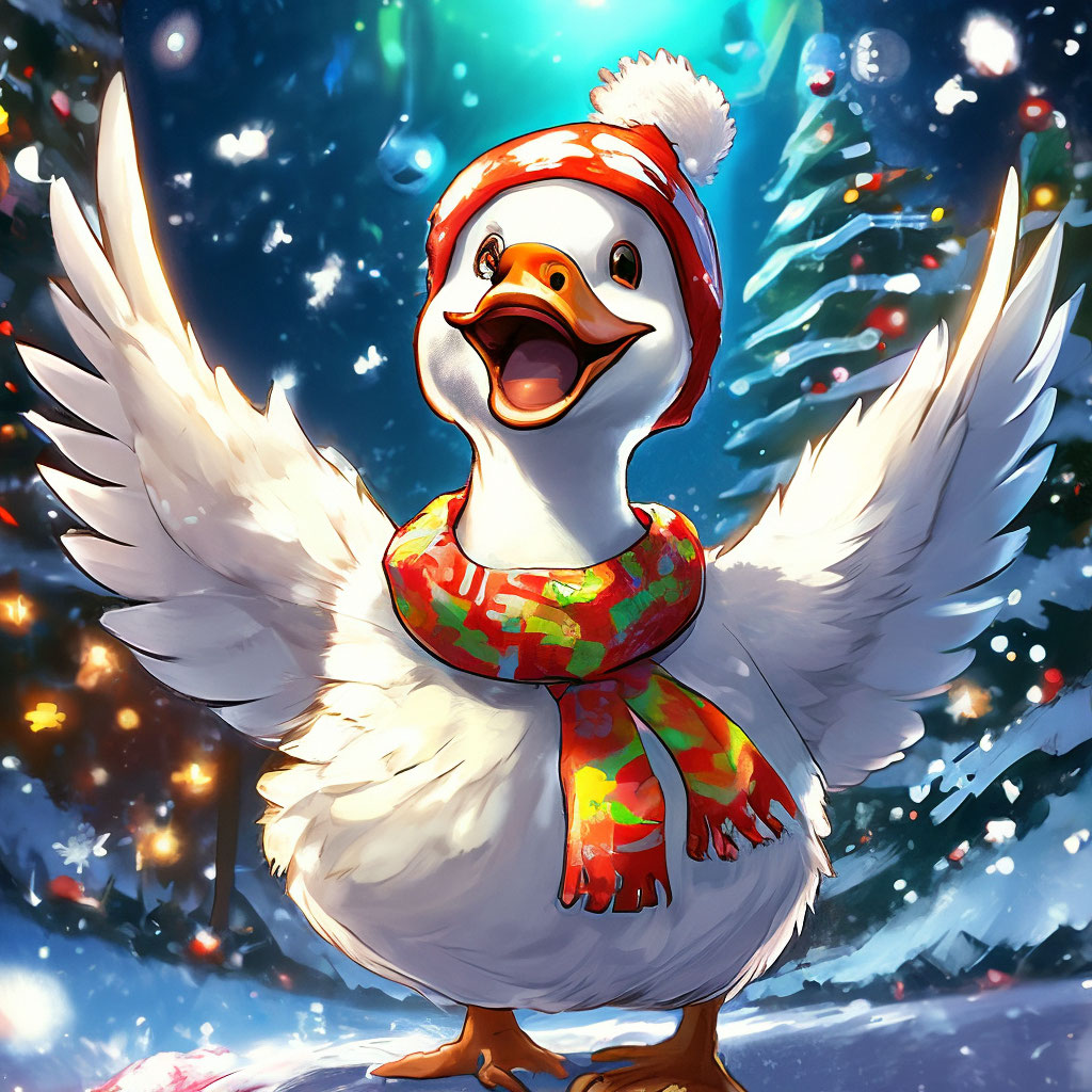 A creaky, bug-eyed fluffy cheerful white goose, in a hat and scarf ...