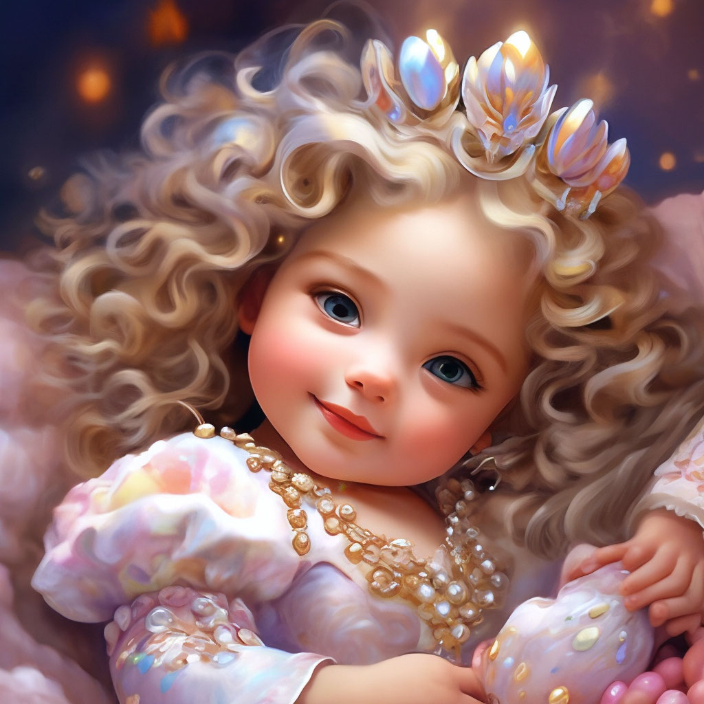 "Beautiful anthropomorphic baby with big crystal eyes, long curls ...