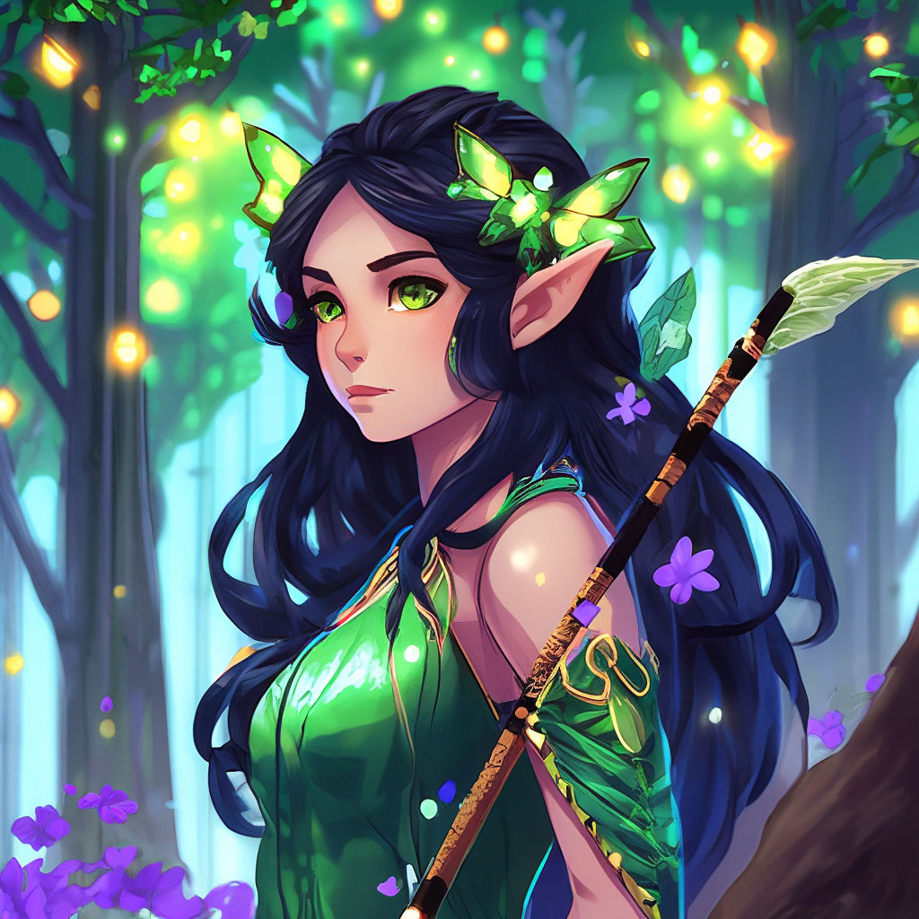 "An elf with black hair and emerald eyes. transparent wings. trees ...
