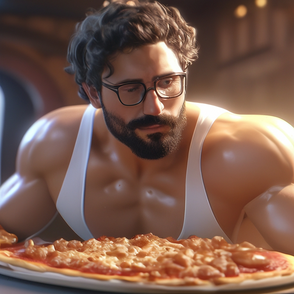 "Carbonara pasta pizza, detailing, realism, 4k, a man with only short ...