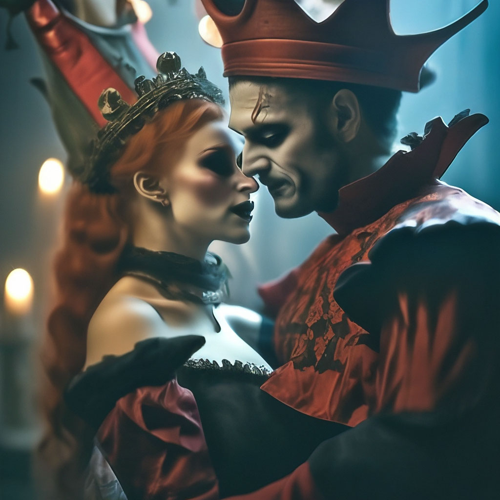 "The cruel love of the jester and the queen, horror style, realistic ...